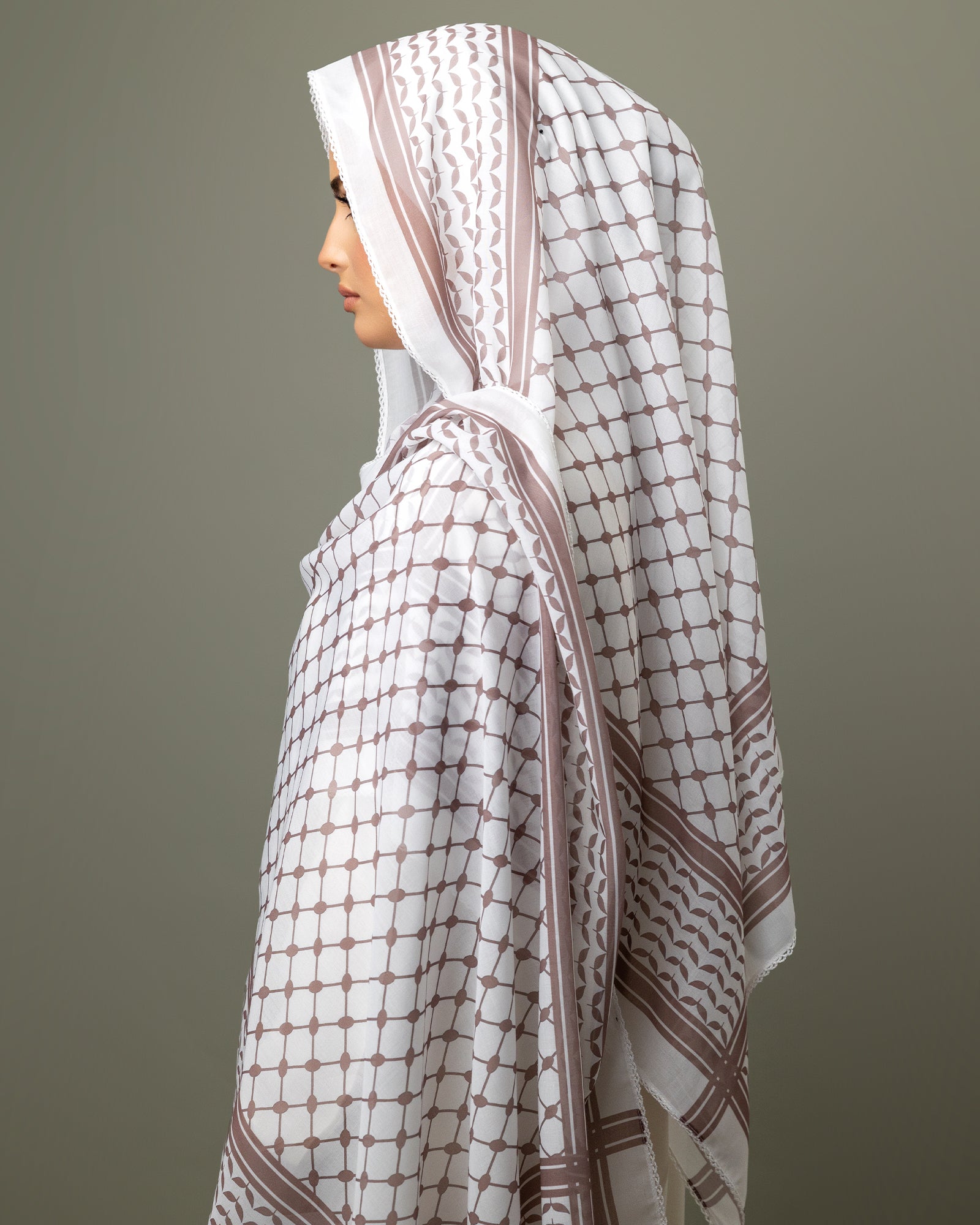 HĀNM Keffiyeh Cotton print hijab with delicate crochet detailing