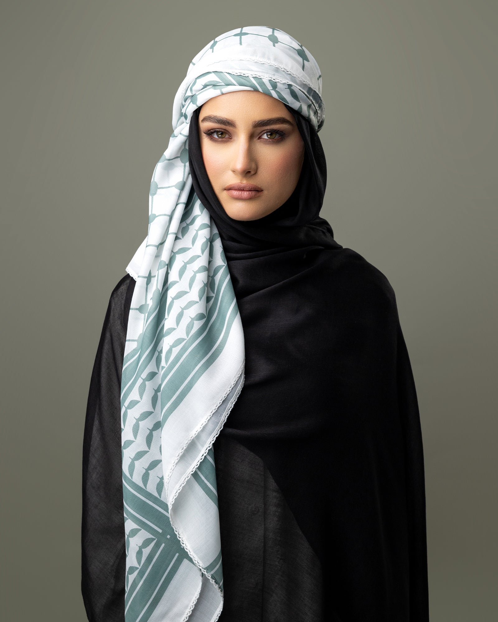 HĀNM Keffiyeh Cotton print hijab with delicate crochet detailing